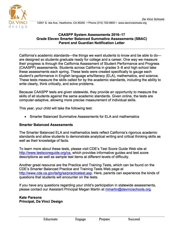SBAC Parent Letter - Da Vinci Design