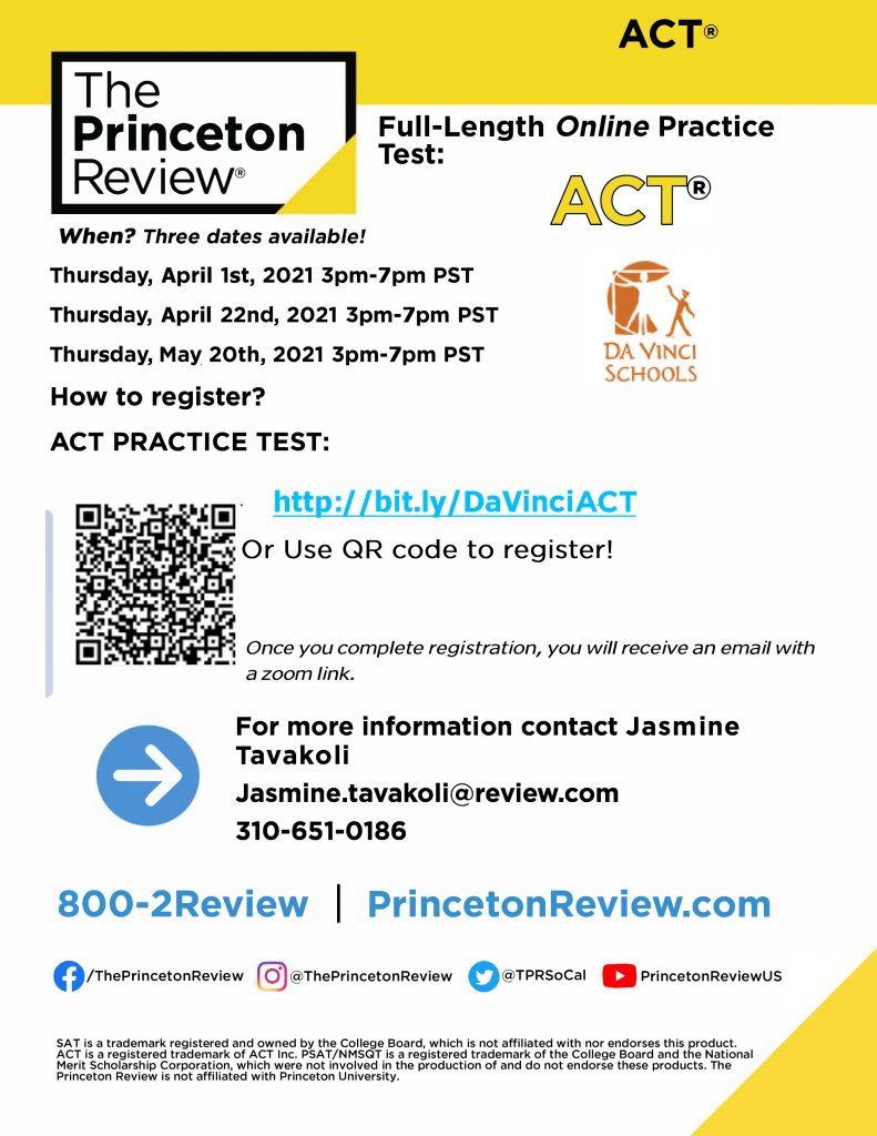 ACT practice test flyer Spring 2021 - Da Vinci Design